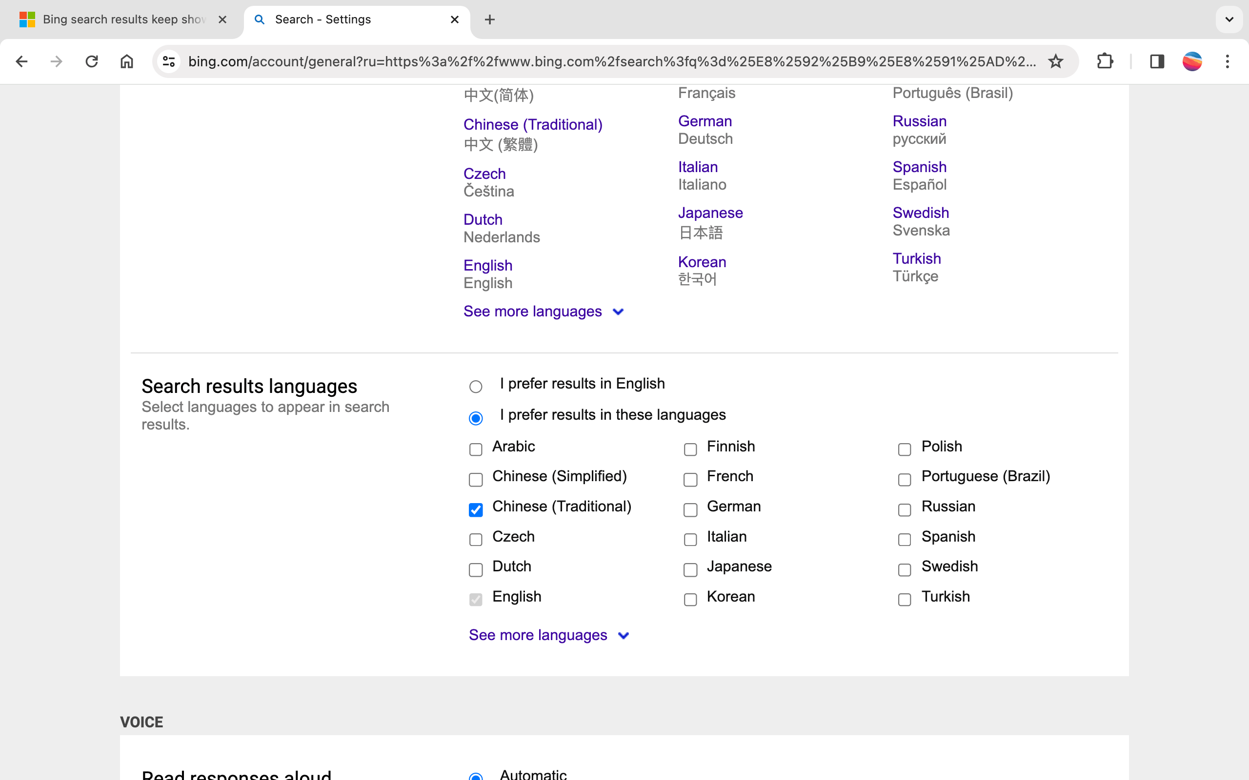Bing search results keep showing Simplified Chinese websites ...