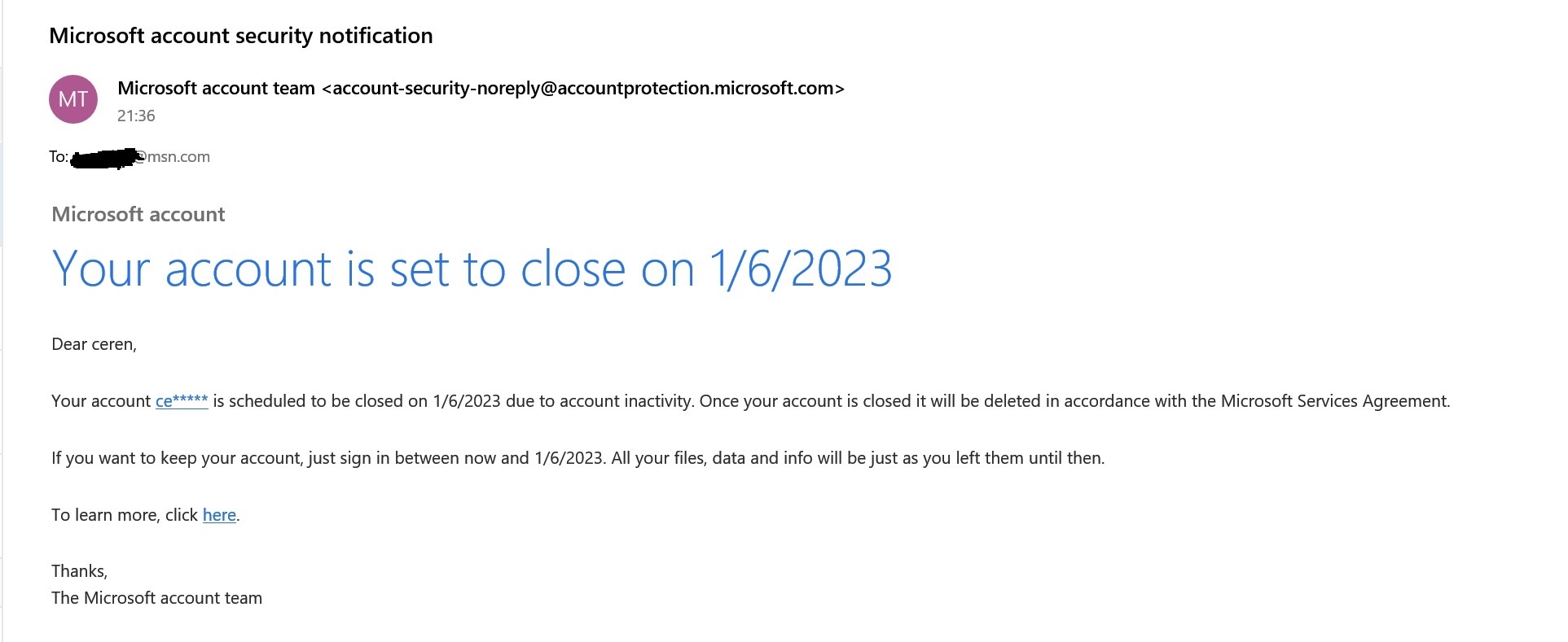 "Account closure" email. What does it mean? - Microsoft Q&A