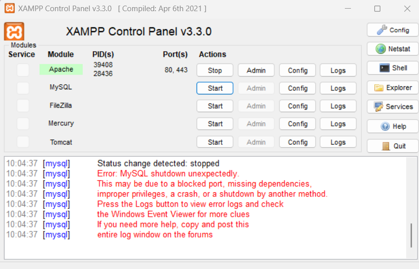 In xampp mysql not working for localhost - Microsoft Q&A In xampp mysql not working for localhost - Microsoft Q&A