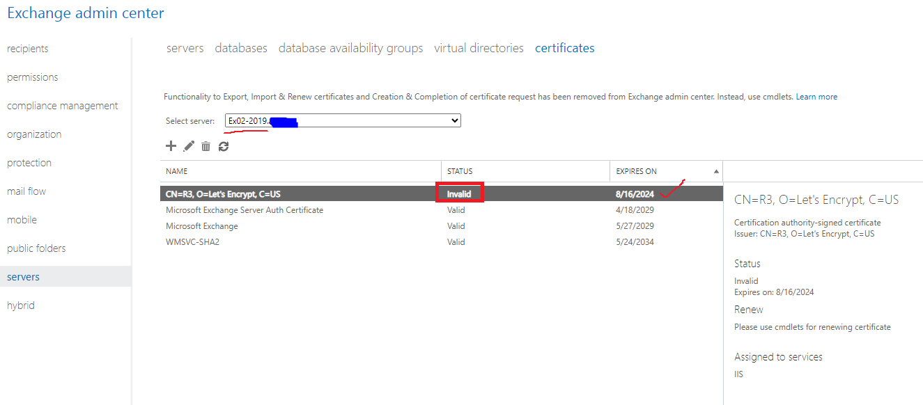 Exchange certificate status says “Invalid” - Microsoft Q&A