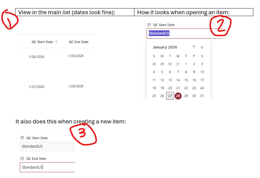 New issue: date column in SP list suddenly showing as "StandardUS ...