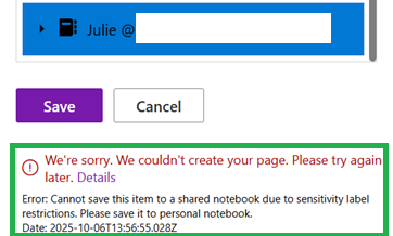 Error when using the Send to OneNote feature on meetings/emails in the ...