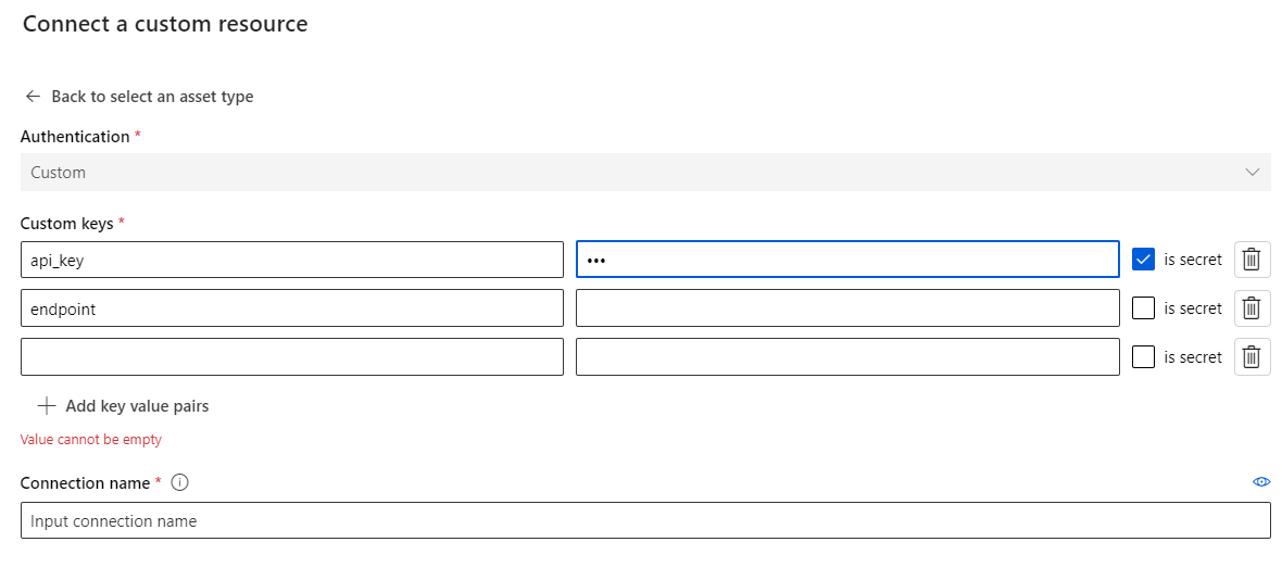 Yaml Syntax for Custom Connection for push to Azure Machine Learning - Microsoft Q&A