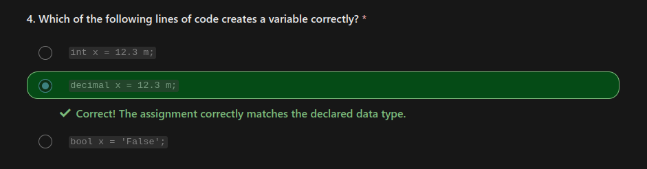 Error in module knowledge check - variable assignment - Microsoft Q&A
