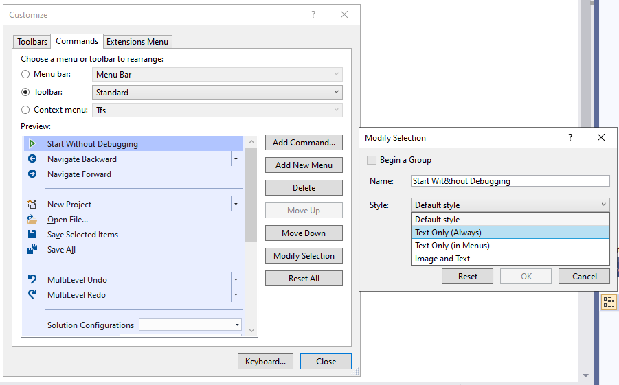 How To Keep Start Without Debugging Push Button In Icon Form Microsoft Qanda