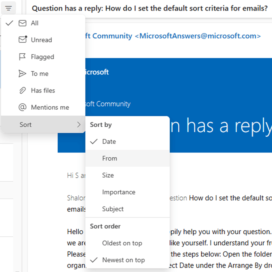 How do I set the default sort criteria for emails? - Microsoft Q&A