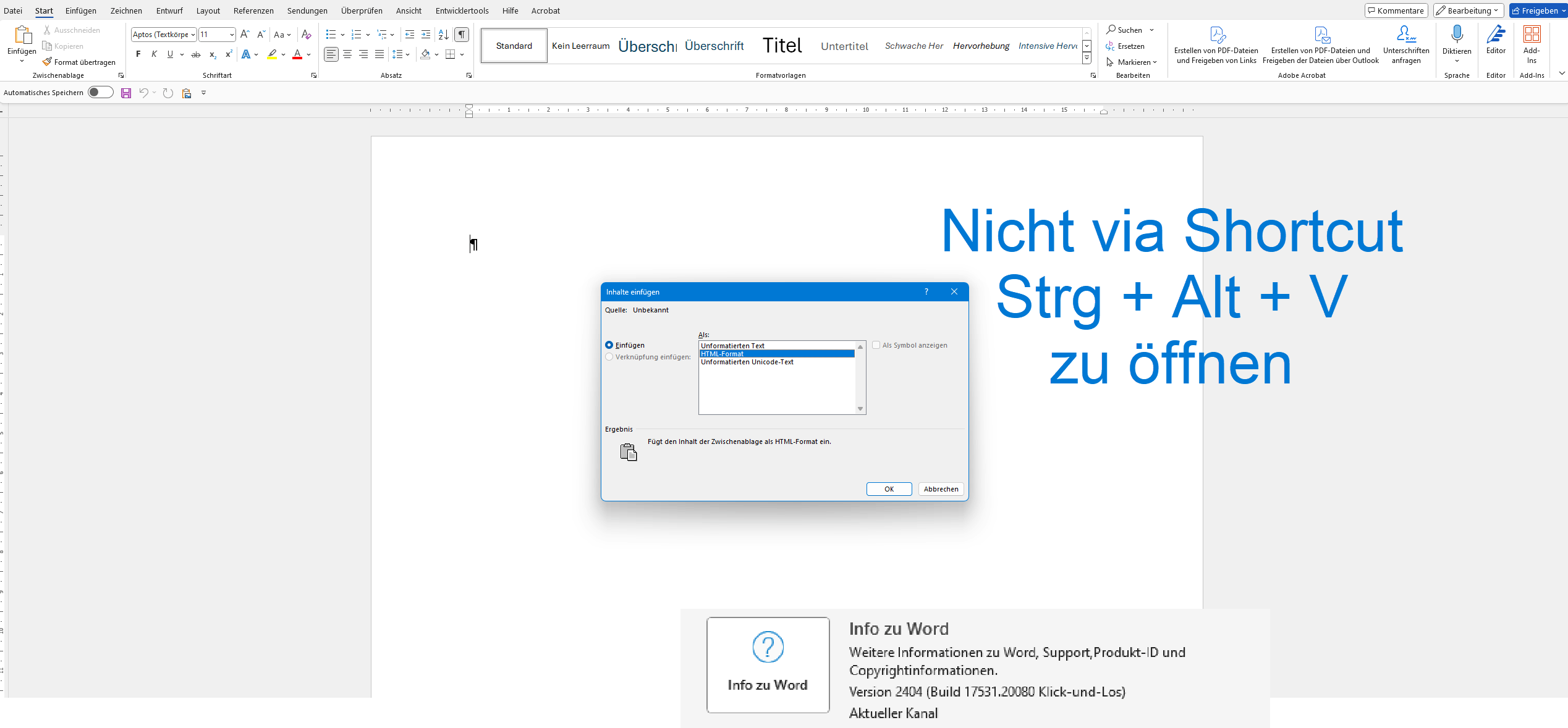 Shortcut Strg + Alt + V für 'Inhalte einfügen' (Paste Format Painter ...