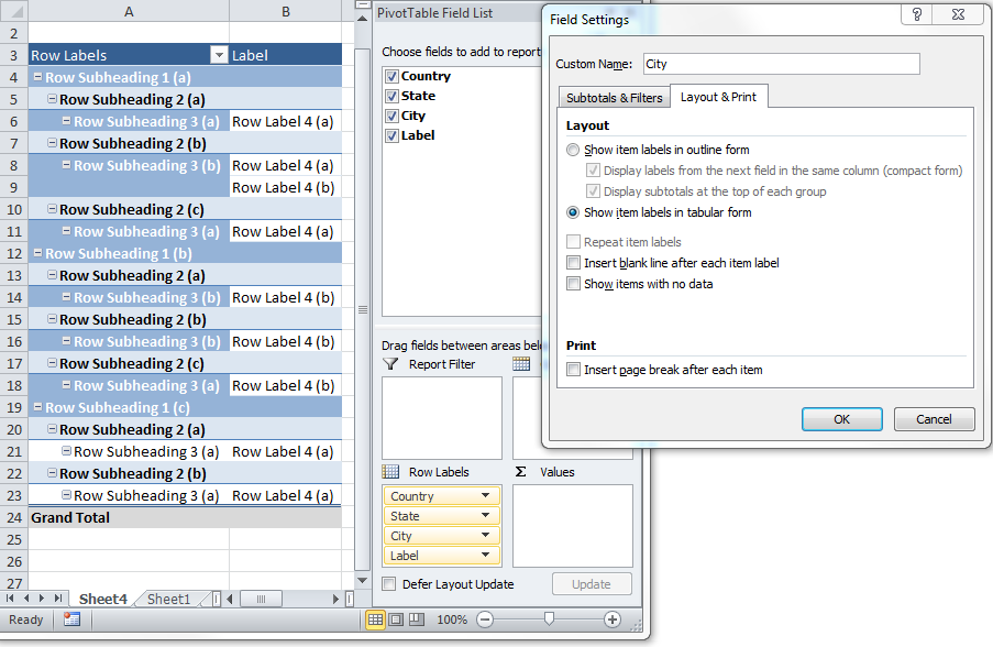 PivotTable Styles - Compact layout with item label in tabular form ...
