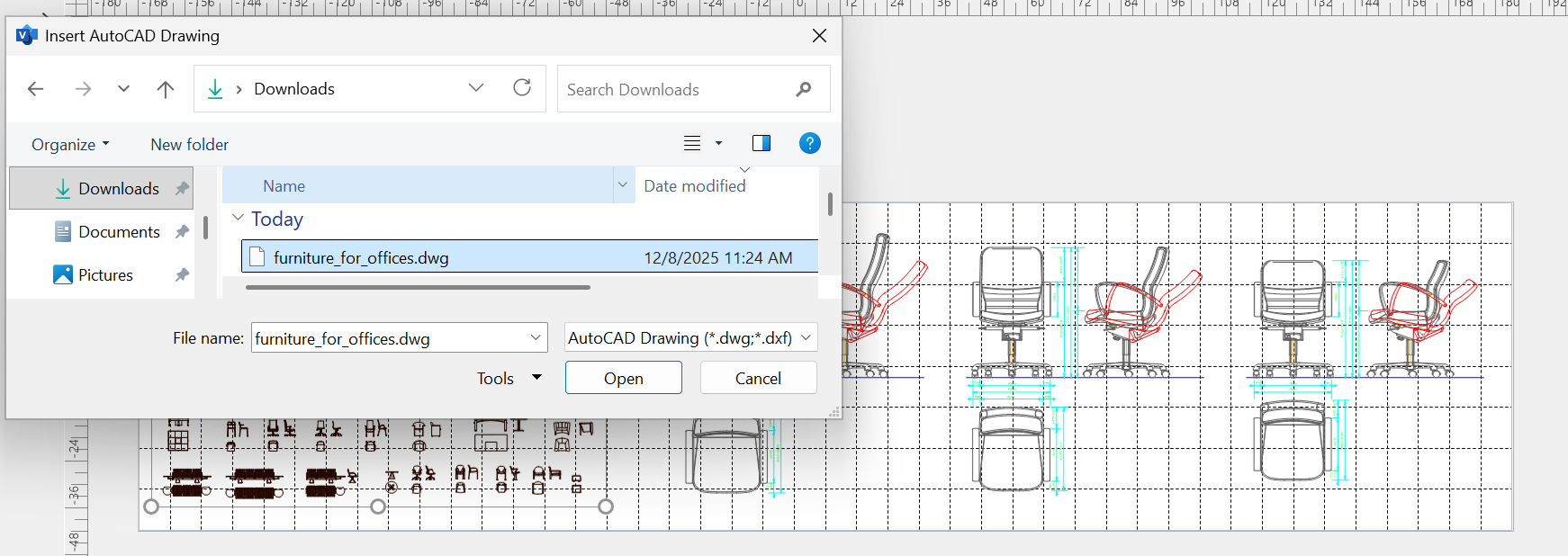 In the menu bar of visio application, in Insert, click Insert cad ...