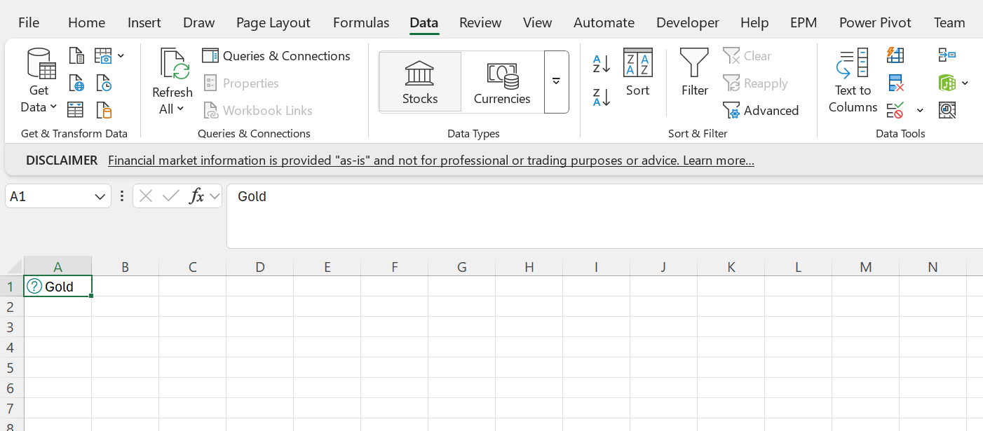 Symbol for Spot GOLD in StockHistory using Bing with Excel Spreadsheet ...