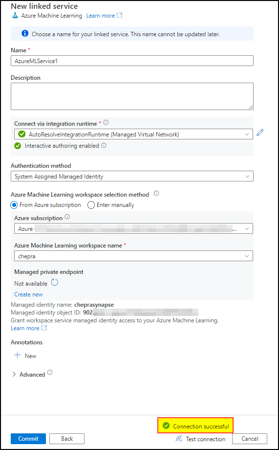 Creating a New linked service (Azure Machine Learning) in Azure Synapse analytics - Microsoft Q&A