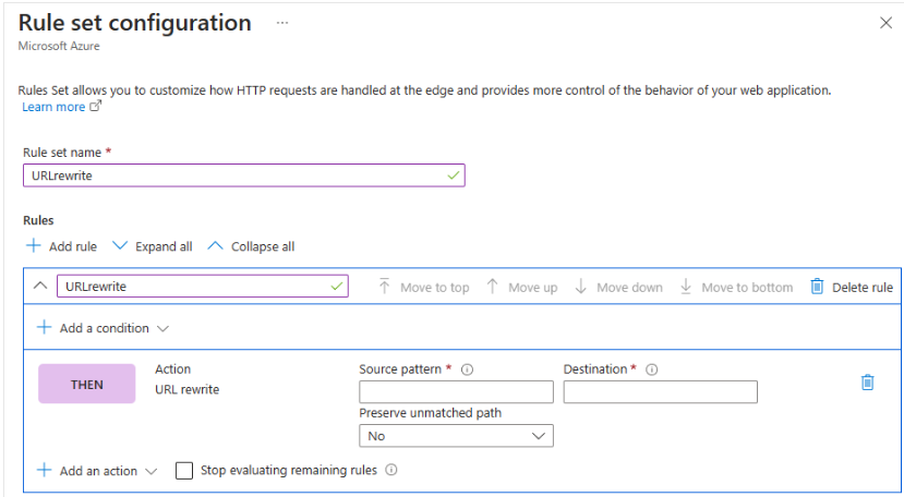 I want to setup a rules engine URL rewrite for Azure Standard FD setup. My source is xyz.com/abc ...