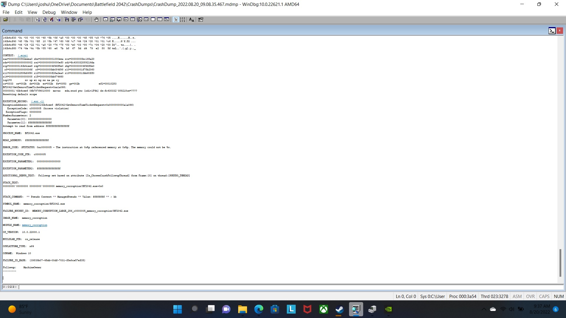 Battlefield 2042 closes Unexpectedly leaving an .mdmp file - Microsoft Q&A