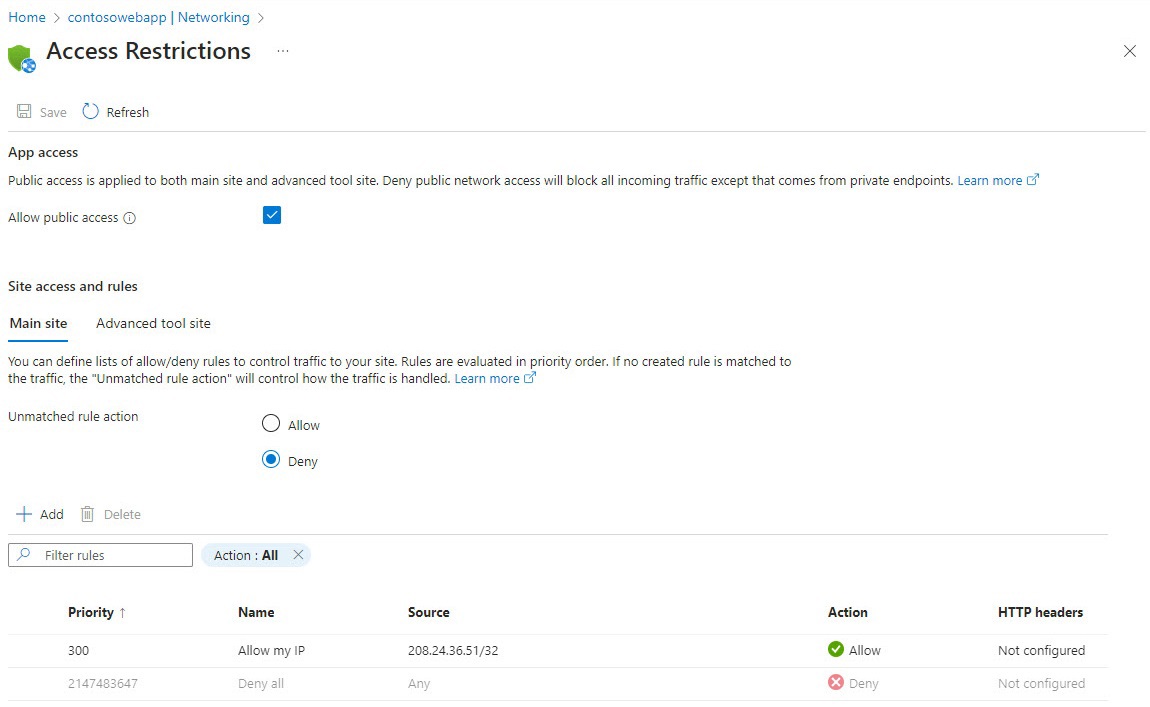 IP access restriction rule not working in Azure web app. - Microsoft Q&A
