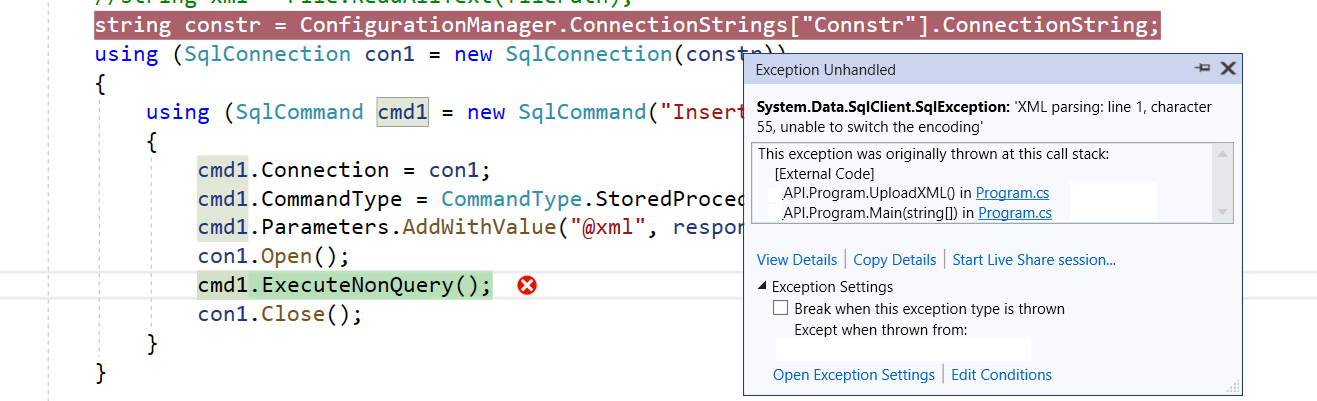 Getting error while XML parsing data to stored procedure in C# ... Getting error while XML parsing data to stored procedure in C# ...