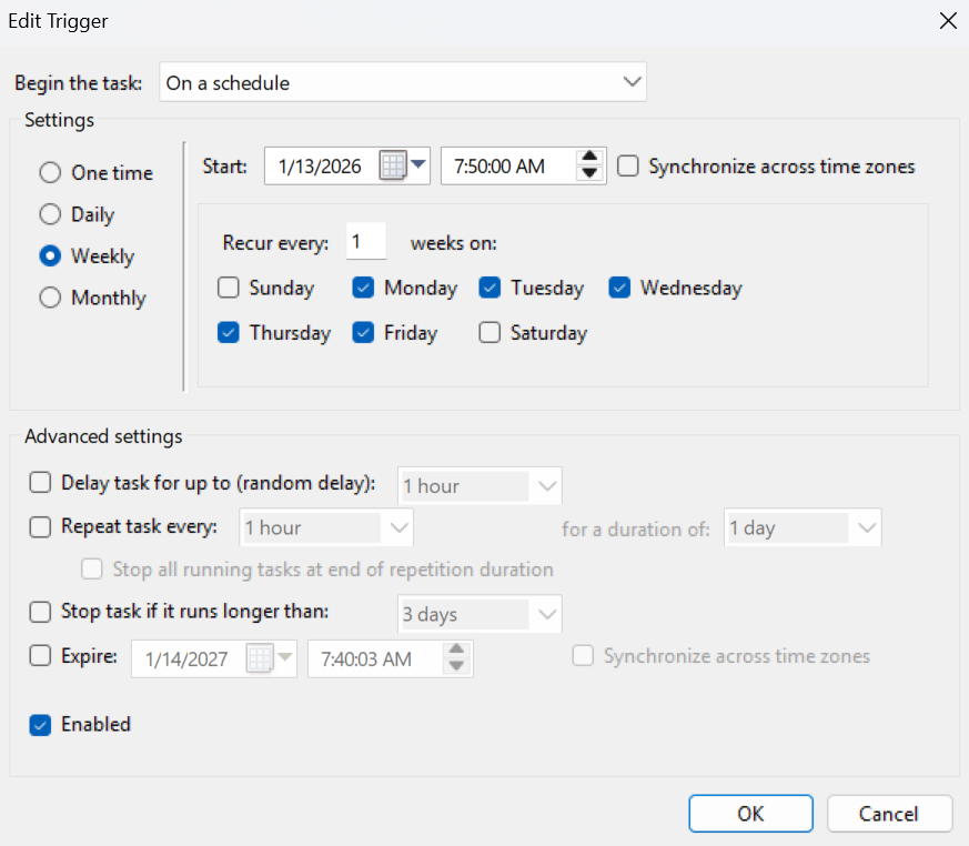 Task scheduler will run manually but not on a schedule. - Microsoft Q&A