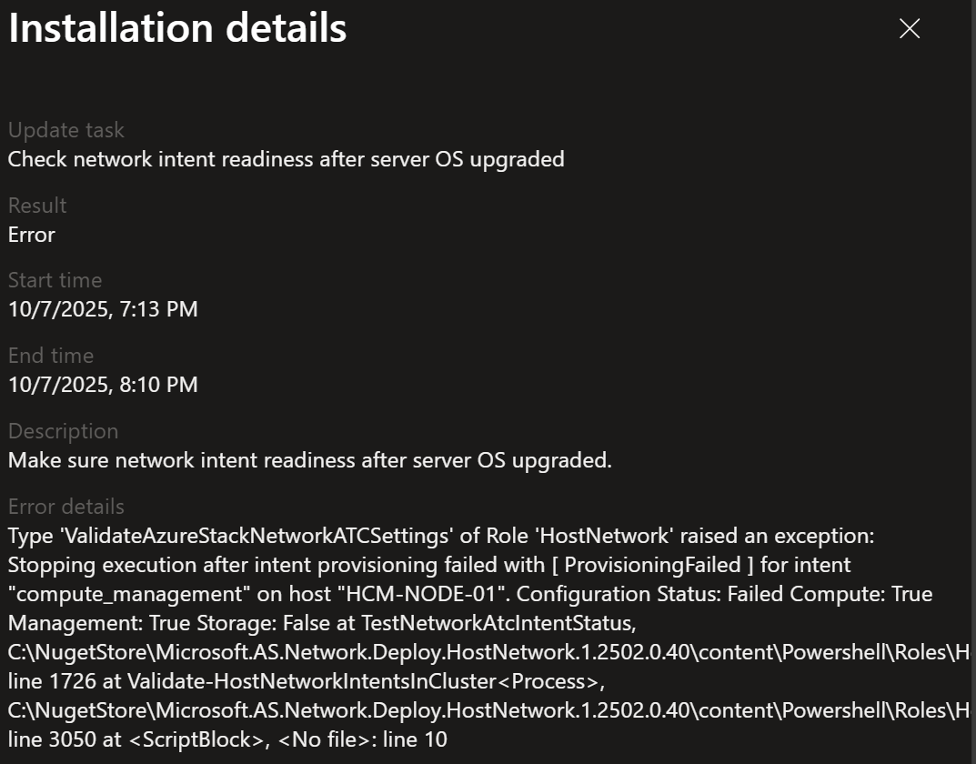 Error on Azure Local cluster solution update from 2411 to 2503 ...