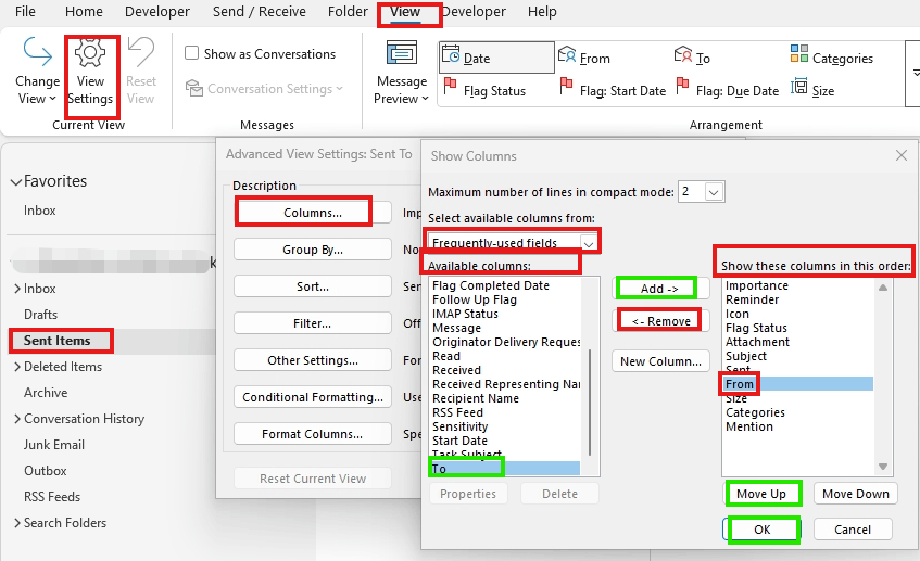 My 'sent' E-Mail list shows MY name on every E-Mail instead of the ...