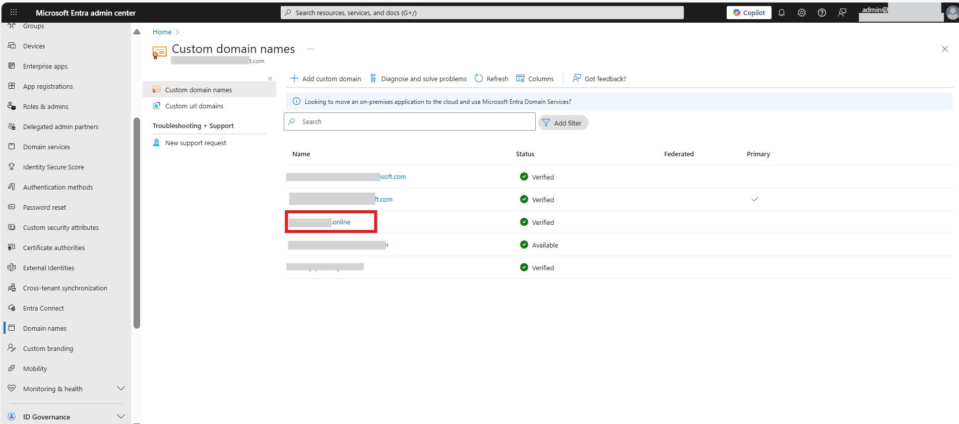 I want delete a domain name in Custom DNS in Azure Entra Id. - Microsoft Q&A