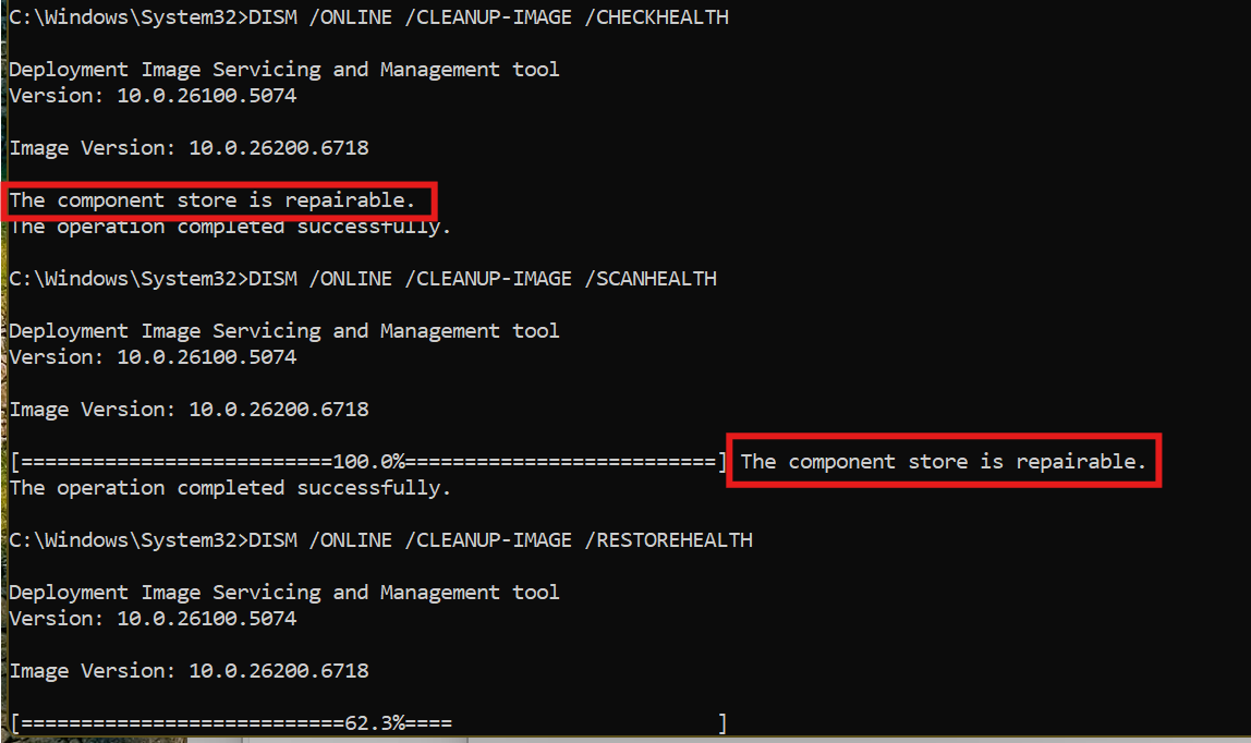 Build 26200.6718, Found Repairable components in 3 different machines ...