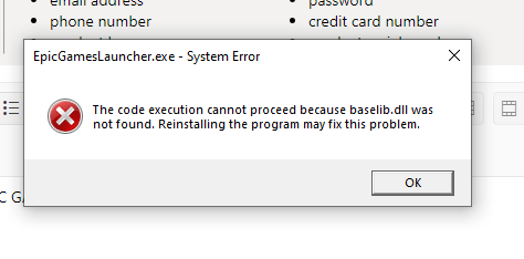 the code executio ncannot proceed because baselib.dll was not found ...