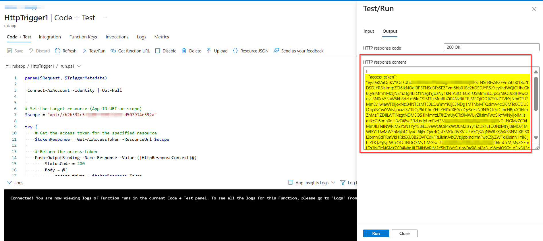 acquire a token of app registration with MI , via powershell Rest in an azure function app ...