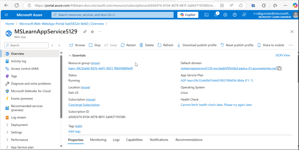 Create Web App in portal exercise - Microsoft Q&A