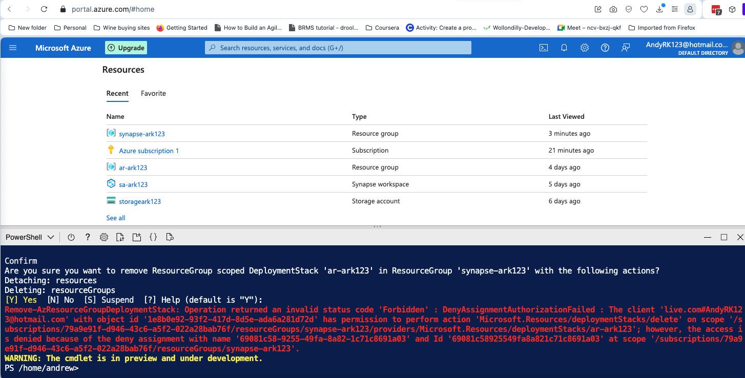 Unable to delete an Synapse Analytics resource group - Microsoft Q&A