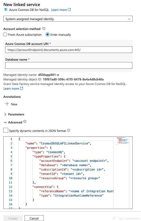 How to use system-assigned mi in data factory linked service for cosmos db (no-sql)? - Microsoft Q&A