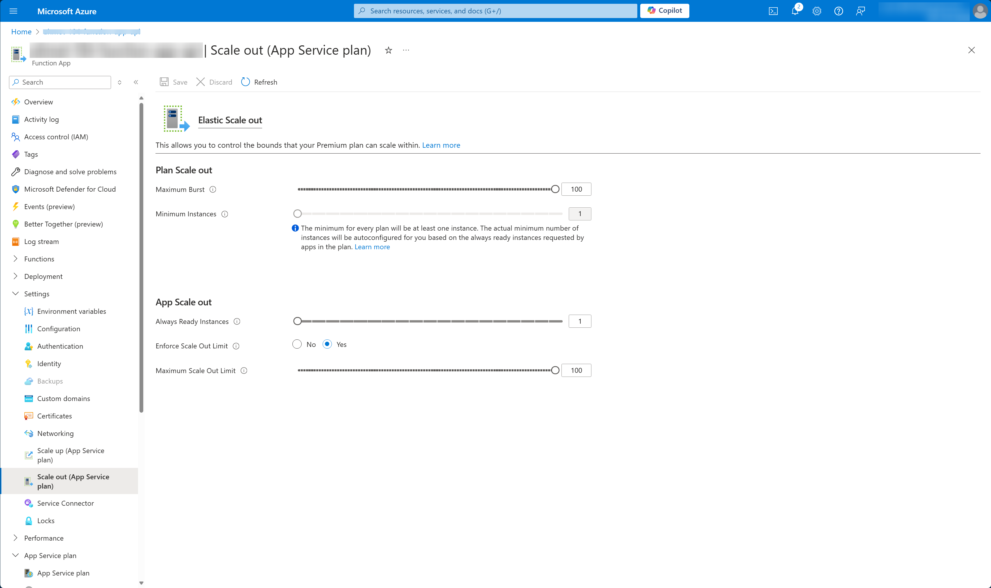 Function app with Elastic Premium service plan won't scale out to 100 instances - Microsoft Q&A