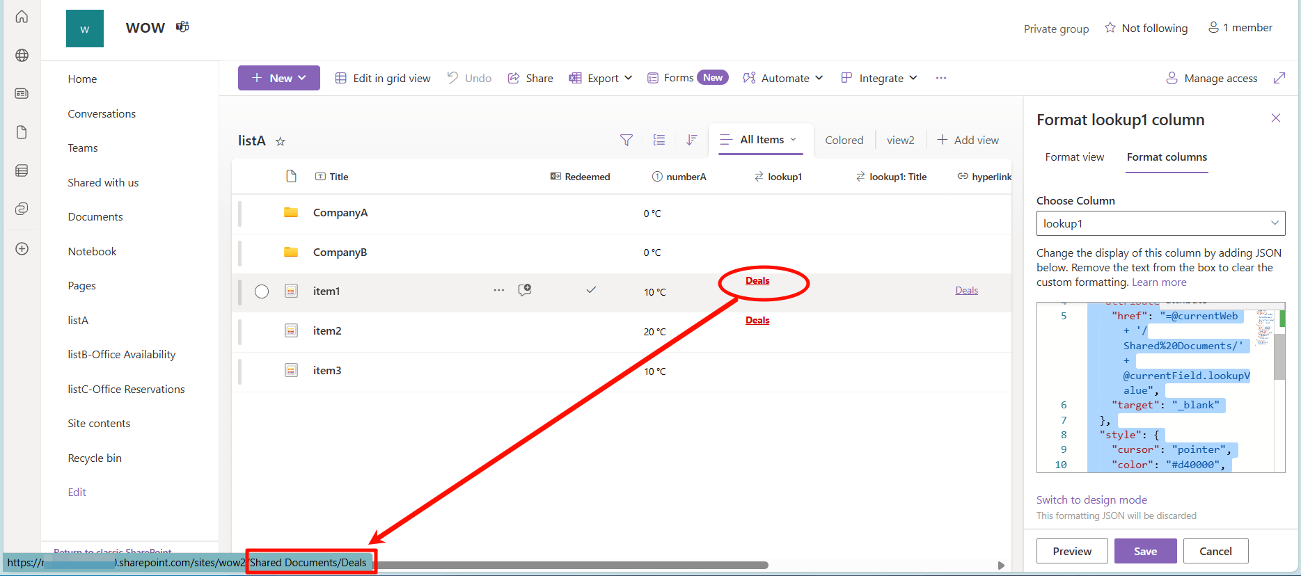 How can I configure a lookup column in Microsoft Lists to open links directly in the SharePoint ...