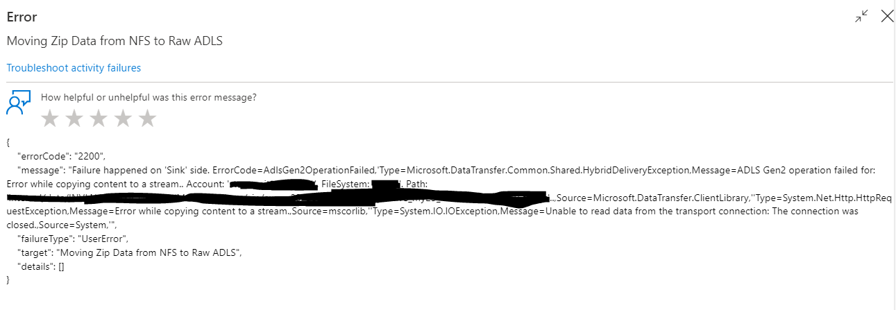 Copy Activity failure for File movement from NFS(On-prem) to ADLS Gen2 for some of the copy ...