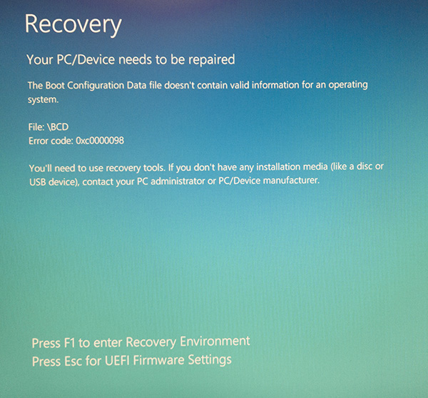 Recovery - Your PC/Device needs to be repaired - Error code 0xc0000098 ...