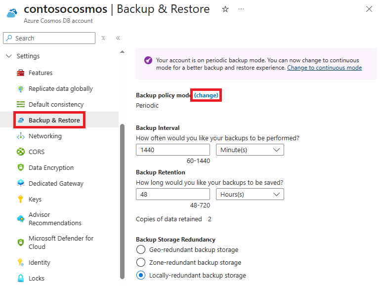 Need information on cosmos DB backup option - Microsoft Q&A