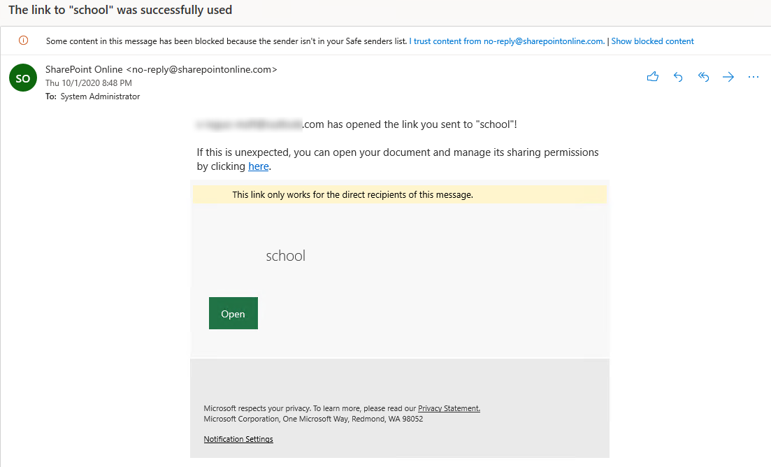 No confirmation email received when sharing within SharePoint ...