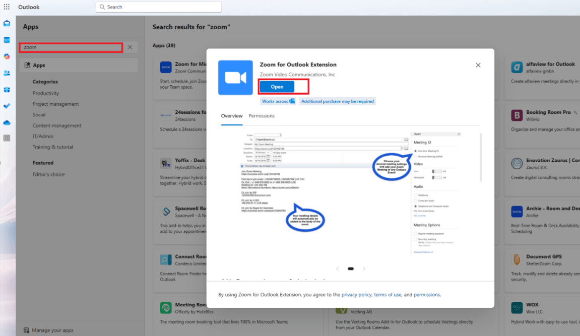 I need to install the add in extension for Zoom to Office 365 Outlook ...