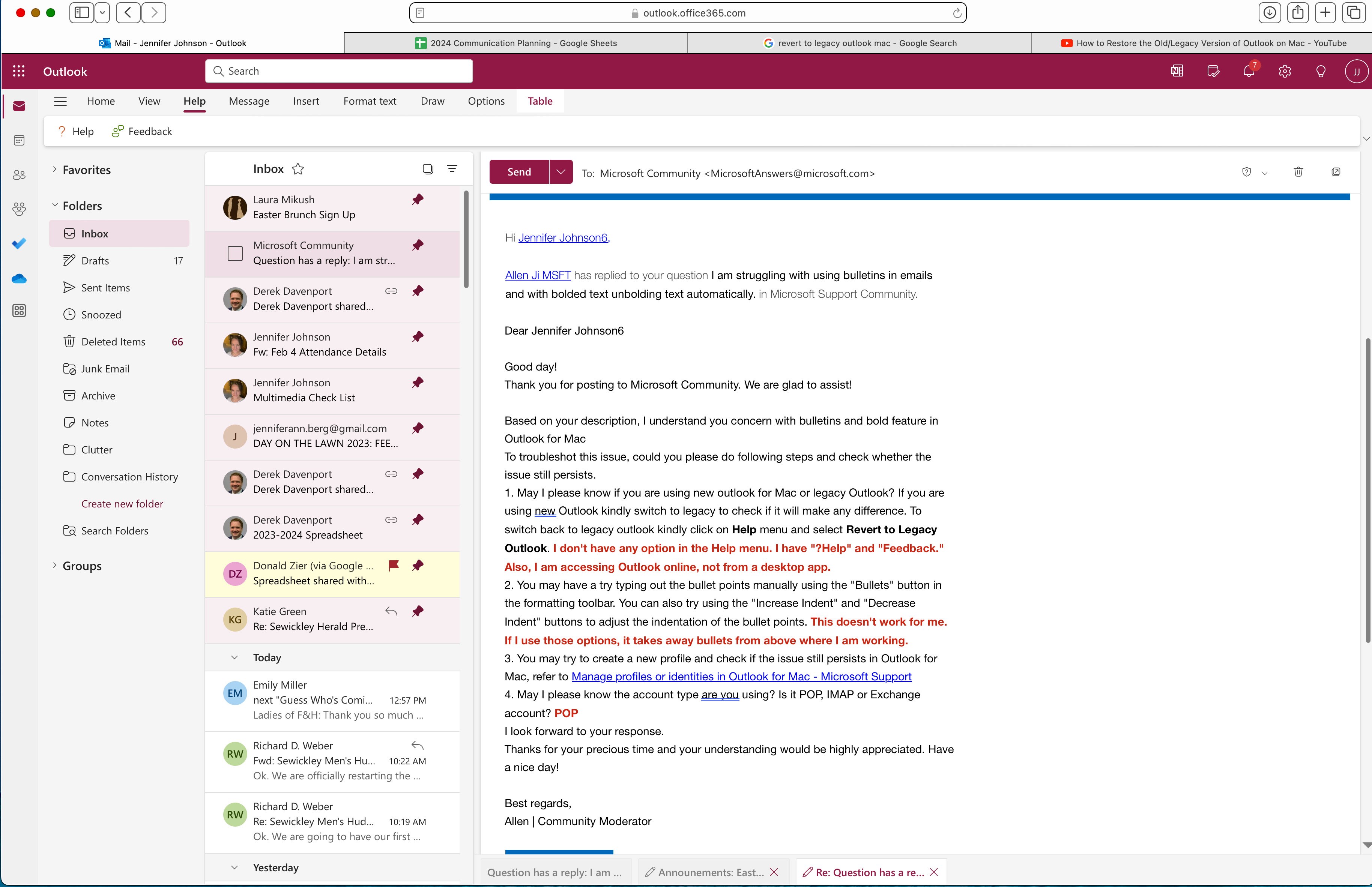 I am struggling with using bulletins in emails and with bolded text ...