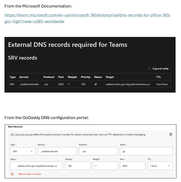 Issue Adding SRV Record for Teams in GoDaddy DNS Records - Microsoft Q&A