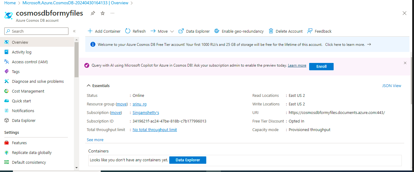 Problem with working with setting up CosmosDB NoSQL - Microsoft Q&A