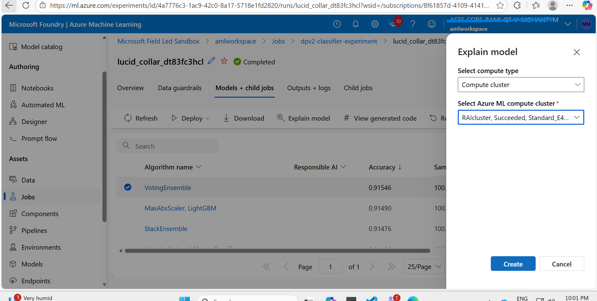 unable to create ML explaibility dashboard (RAI) using azure Ml studio ...