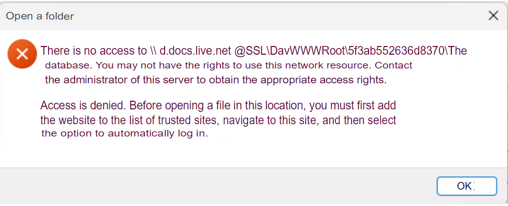 access to the folder has disappeared, a database has been created that is stored on onedrive. it ...