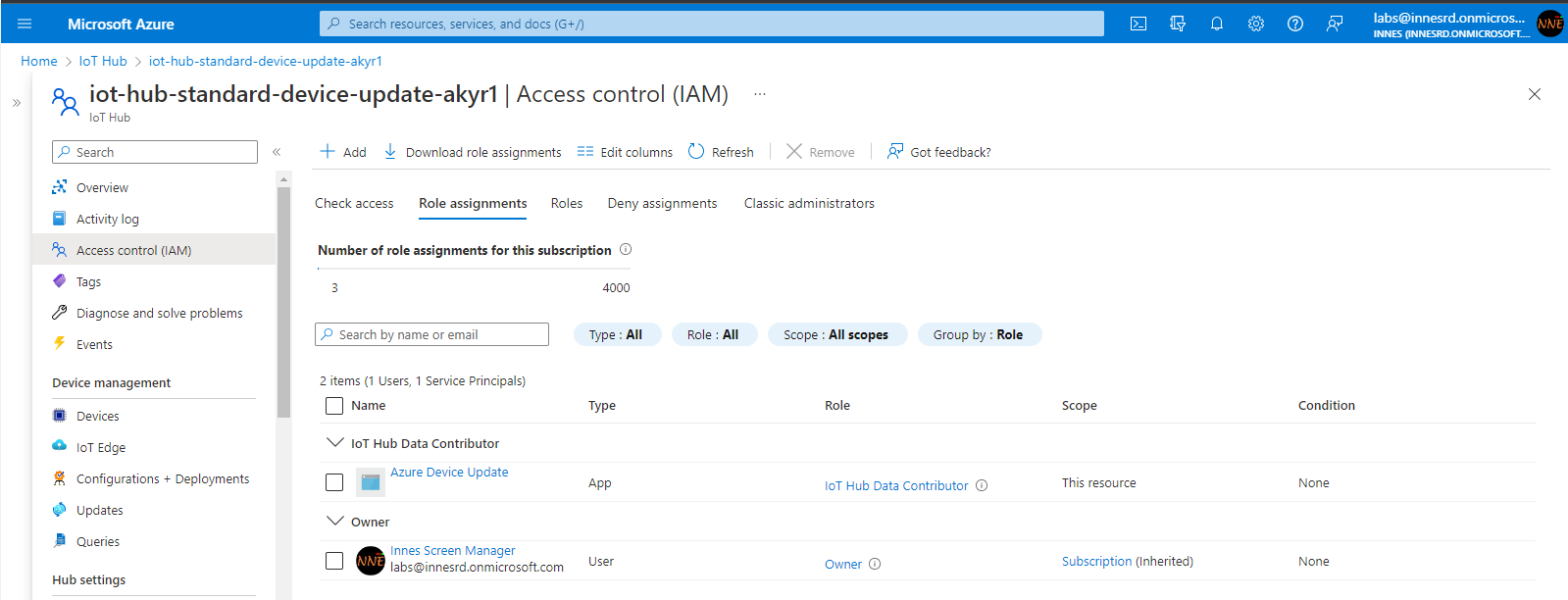 Device Update for IoT Hub authentication failure in Azure portal with correct access control ...
