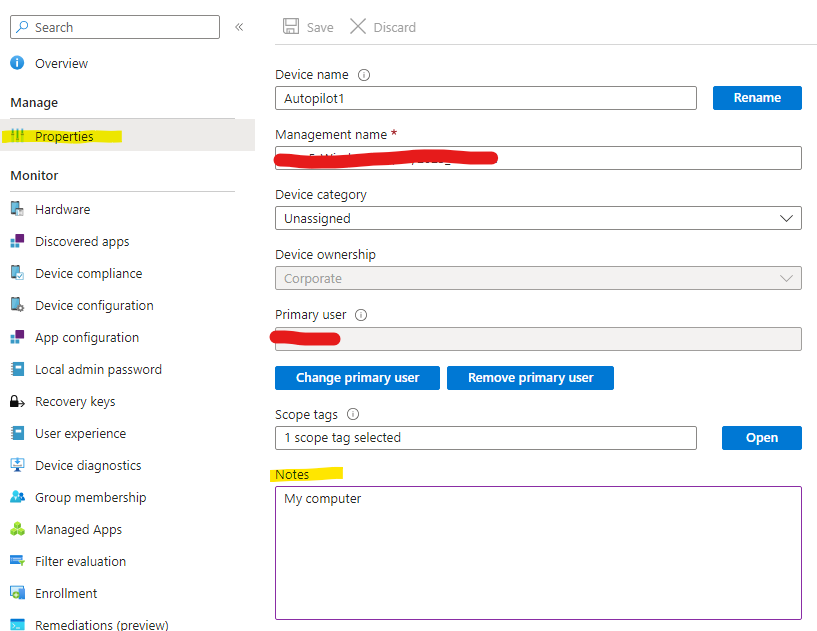 Can we add bespoke notes against an enrolled device in Microsoft Intune ...
