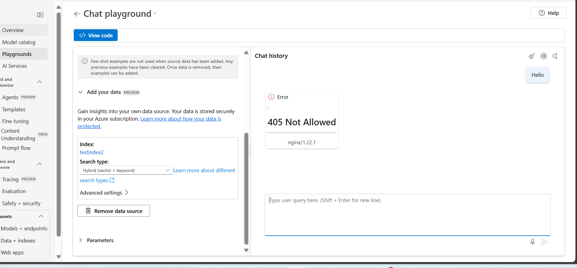 Azure AI Foundry playground code 405 - It cannot access to Azure AI Search Index - Microsoft Q&A