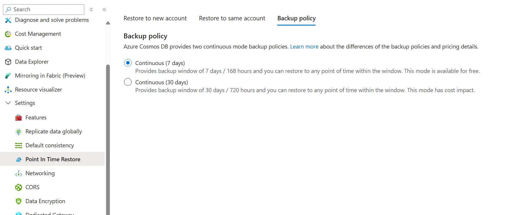 Need information on cosmos DB backup option - Microsoft Q&A