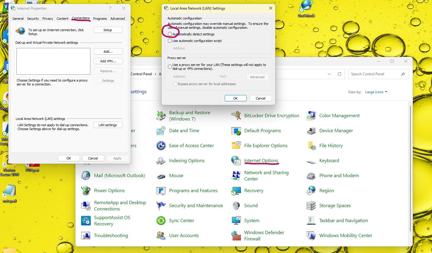 Control panel internet setting causes 365 connectivity failure ...