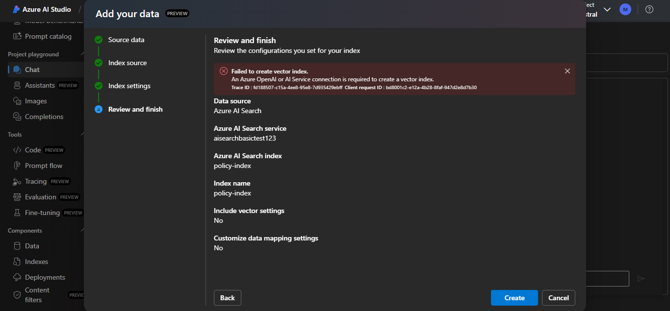 Failed To Create Vector Index An Azure Openai Or Ai Service Connection Is Required To Create A