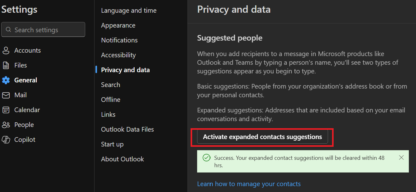 RESTABLECER CONTACTOS SUGERIDOS EN NUEVO OUTLOOK - Microsoft Q&A