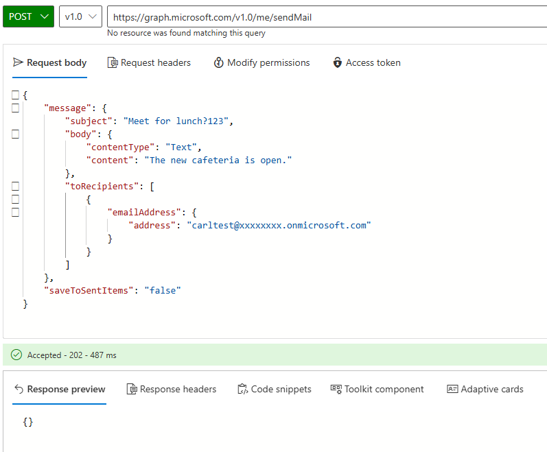 Email sends successfully, but /send request returns "ErrorAccessDenied ...