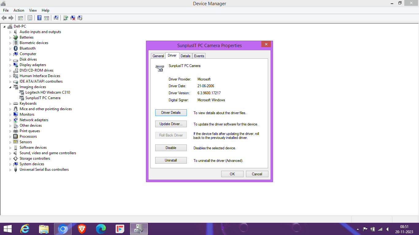 Dell Integrated webcam driver changed to SunPlus IT PC Camera ...